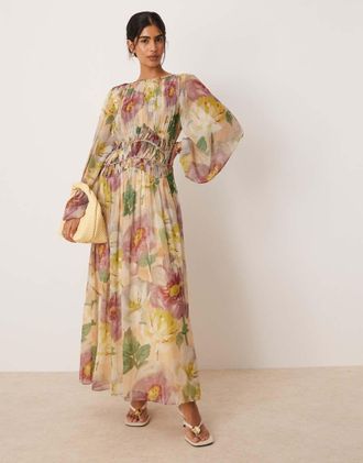 Asos Robe longue à fleurs à fronces au niveau de la taille en macramé-Multicolore