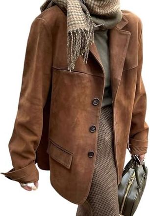 ORANDESIGNE Veste en Cuir PU Femme Rétro Courte Veste en Faux Daim Blazer à Manches Longues avec Poches Automne Manteau de Travail à Boutonnage Unique XL C Marron