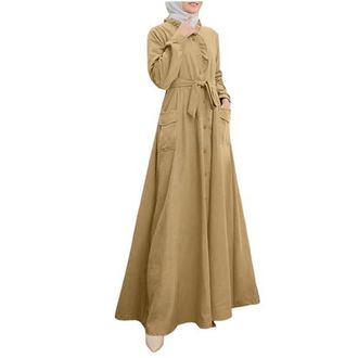 Generic Robe d&eacute;t&eacute; pour femme musulmane Abaya &agrave; manches longues avec boutonni&egrave;re - Robe d&eacute;contract&eacute;e Duba&iuml;, kaki, 3XL