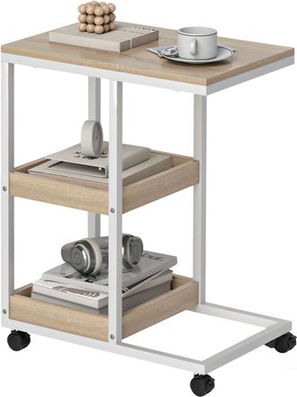 HOMCOM Beistelltisch mit Rollen C-f&ouml;rmiger Beistelltisch f&uuml;r Sofa mit 2 offenen Ablagen, Stahlrahmen, f&uuml;r Wohnzimmer, Schlafzimmer, 51 x 33 x 66 cm, naturfar