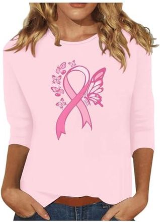 Generic Cancer du Sein Octobre Rose T-Shirt Ruban Rose de Sensibilisation au Cancer du Sein dOctobre Tunique Tops De Grande Taille Femmes Streetwear