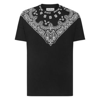 Philipp Plein Homme, Tops, Noir, Taille: 4XL T-Shirt Col Rond Paisley Bandana