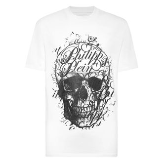 Philipp Plein Homme, Tops, Blanc, Taille: 2XL T-Shirt Col Rond Coursive