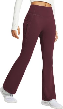 Baleaf Damen Fleece Lined Thermo Yogahose Bootcut Flare Leggings High Waist Warmhose Winterhose Cargohose mit Taschen Rot 3XL