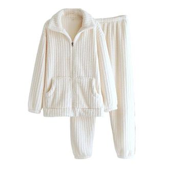 Generic Pyjama pour homme - Automne et hiver - En flanelle - 2 pi&egrave;ces - Veste polaire et pantalon thermique - Doux - Couleur pure - V&ecirc;tement de d&eacute;tente &eacute;pais 