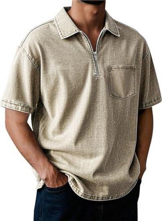 Generic Polo &agrave; manches courtes avec poche &agrave; fermeture &eacute;clair 1/4 pour homme - Haut de golf vintage - D&eacute;contract&eacute; - R&eacute;tro - Chemisier d&eacute;t&eacute;, Polo kaki pour homm