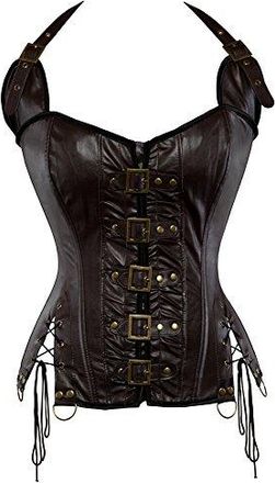 Grebrafan Corset Bustier Cuir Steampunk avec Chaine (EUR(40-42) 2XL, Marron)