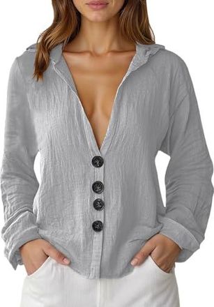 Generic Vestes en lin pour femmes, chemises l&eacute;g&egrave;res boutonn&eacute;es &agrave; manches longues avec capuche, coupe ample, respirant, style boh&egrave;me, gris, XXL