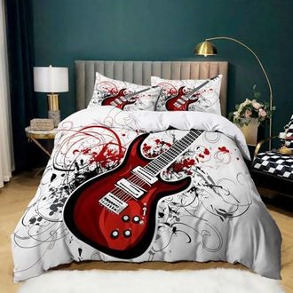Generic Housse de Couette Guitare Musique 180 x 200 cm, Instrument Musique Microfibre Parure de Lit avec 2 Taies doreiller pour 2 Personnes D&eacute;coration de Cham