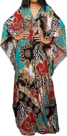 Bsubseach Plus Size Caftan Kleider f&uuml;r Damen Strandkleid Fledermaus &Auml;rmel Sommer Maxi Kaftan Kleid Blau Rote Kette Print