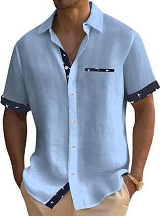 Onsoyours Chemise Homme à Carreaux Manche Courte Coton Lin avec Poche Poitrine Chemise Décontractée Classique Chemisette Homme Lin Chemise Bouton Homme Blouse C