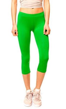 Easy Young Fashion Legging capri basique pour femme - Pantalon 3/4 élastique en viscose de coton - 1077 - Taille unique (XS-M), vert gazon, 36 FR/40 FR