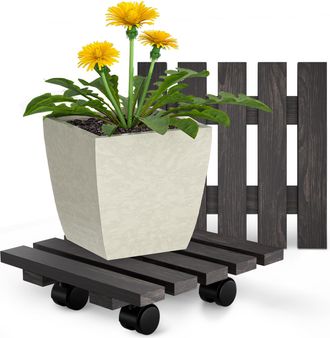 Oramics 2 Stück Pflanzenroller Eckig aus Massivholz in Schwarz - 30 x 30 x 8 cm bis 120 KG belastbar - Rollbrett für Pflanzen, Blumentöpfe und Blumenkübel - B