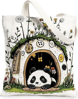 Generic Sac fourre-tout en toile motif panda printanier pour faire du shopping, 33 x 38,1 cm, maison amusante et r&eacute;utilisable, motif imprim&eacute; floral sauvage, p