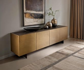 DELIFE Sideboard Kazu 220 cm Metallic Gold 4 T&uuml;ren schwebend Metall Schwarz Keramik LaminamNoir Desir Braun, Sideboards