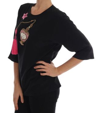 Dolce & Gabbana Womens Black Silk Fairy Tale Top Crystal Blouse