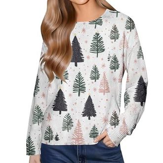 Generic Pull de Noël pour femme - Imprimé de Noël vintage - Col rond - Pull tricoté à manches longues pour femme, blanc, M