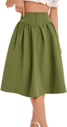 Bbonlinedress Gr&uuml;nes Rock Damen a Linie Faltenrock Knielang R&ouml;cke Casual Hohe Taille Midirock Basic Tellerrock Swing Freizeitrock Army Green 2XL