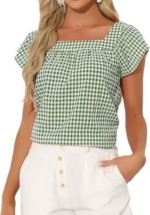 Allegra K Hauts à Carreaux Femme T-Shirts à Col Carré dÉté Chemisiers Manches Courts Décontractés Vert Blanc XS