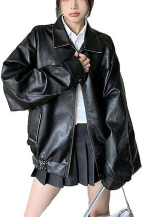 Generic Femmes Cuir Oversize Veste Faux Cuir lâche Zip Bomb Jacket Y2K PU Veste de Moto en Cuir