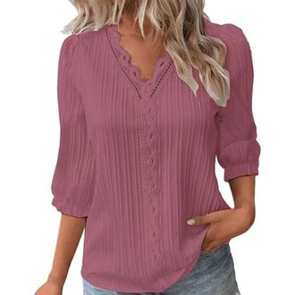Generic Haut dété en dentelle pour femme - Col en V - Uni - Élégant - Couleur unie - T-shirt élégant à manches courtes - Confortable - Grande taille - T-shirt
