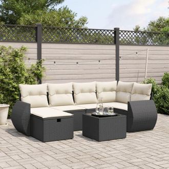 vidaXL 7-tlg. Garten-Sofagarnitur mit Kissen Schwarz Poly Rattan - Vidaxl