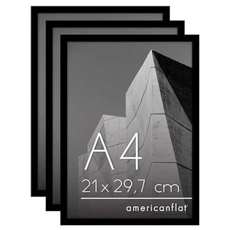 Americanflat A4 Bilderrahmen in Schwarz - D&uuml;nner Rahmen mit Bruchsicheres Glas, integrierter St&auml;nder, Aufh&auml;ngung f&uuml;r Wand und Tischplatte - 3er Set