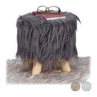 Relaxdays 10025735_111 Tabouret fausse fourrure poils pouf 4 pieds, synthétique, Gris, 31 x 31 cm