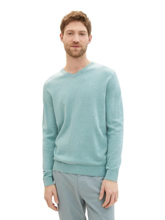 Tom Tailor Herren Basic Pullover mit V-Ausschnitt aus Baumwolle,34143 - Soft Mint Melange, M