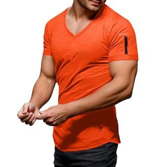 Generic T-shirt d&eacute;contract&eacute; pour homme avec col en V et fermeture &eacute;clair pour le quotidien, pour le printemps, l&eacute;t&eacute;, jeans d&eacute;contract&eacute;s, Orange, 4XL