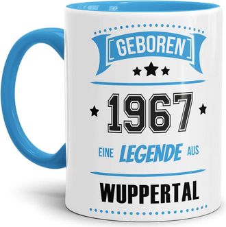 Tassendruck Geburtstags-Tasse Geboren 1967 Eine Legende aus Wuppertal Innen & Henkel Hellblau/Geschenk/mit Spruch/Mug/Cup/Becher/Qualität Made in Germany
