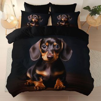 Generic Bettwäsche 200 x 220 cm 3-teilig, Bettwäsche-Sets mit 2 Kopfkissenbezüge mit Reißverschluss 80x80 - Tierischer süßer Dackel Mikrofaser Bedruckte Bettb