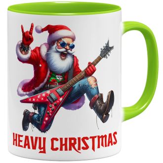 OM3 Heavy Christmas Kaffee-Tasse Lustige Weihnachtstasse f&uuml;r Rocker & Heavy Metal Fans - Santa und E-Gitarre - Keramik Becher - 325ml - Beidseitig Bedruck