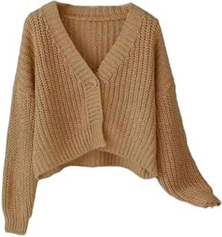 Generic Cardigan uni &agrave; manches courtes et &agrave; manches longues pour femme - Col en V - Boutonn&eacute;, kaki, Taille Unique