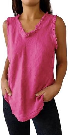 Generic Caraco léger pour femme - Débardeur basique en lin sans manches pour femme - Tendance 2024 - Col en V - Décontracté - Ourlet cool - Taille XXL, rose v