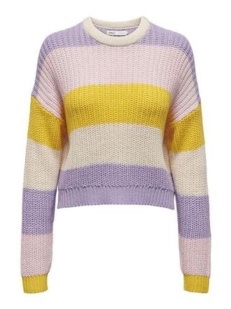 Only Onlnikka Ls Stripe O-Neck CC KNT Sweater, Bouleau/Rayures : Lavande/Rose Lame/pissenlion, M Femme