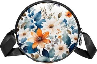 Generic Petit sac &agrave; bandouli&egrave;re circulaire pour femme, motif feuilles florales, sac &agrave; dos avec fermeture &eacute;clair, bretelles r&eacute;glables, sac &agrave; main rond d&eacute;contra