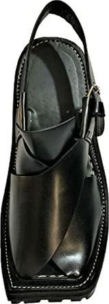 Generic Sandales en cuir faites &agrave; la main pour homme style Peshawari avec semelle de pneu extra &eacute;paisse et durable, tongs Balochi Chappal, Noir, 49 EU