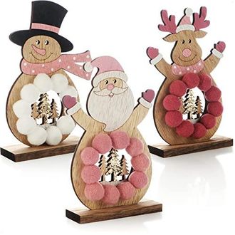 Com-Four Com-four 3X Support en Bois pour No&euml;l - Renne, P&egrave;re No&euml;l et Bonhomme de Neige &agrave; Poser - Figurines D&eacute;coratives, D&eacute;corations Ornementales (Trio - Rose C