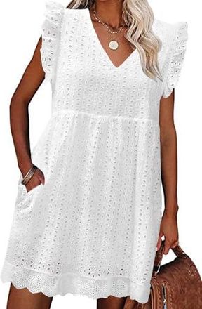 Heekpek PASUDA Robe Femme Ete Chic Robe Courte avec Poches Robe Boheme en Dentelle Jacquard Col en V Coton Ample Robe Swing Dété Robe de Plage Décontracté à M