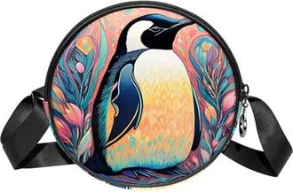 Generic Sac &agrave; bandouli&egrave;re rond pour femme, motif pingouin &agrave; dessin color&eacute;, petit sac &agrave; dos &agrave; bandouli&egrave;re avec fermeture &eacute;clair, bretelles r&eacute;glables, sac &agrave; mai