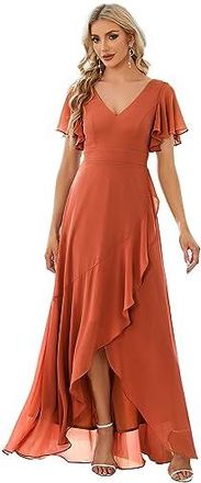 Ever-pretty Robe pour Mariage Invité Femme Longue Asymétrique Manches Courtes Col V Fendue Fluide Chic Orange Caramel 54