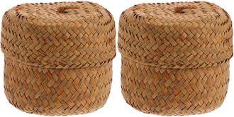 Happyyami Aufbewahrungskorb Aus Seegras Mit Deckel Kleine runde Handgewebter Geflochtener Korb Regalk&ouml;rbe Blumenkorb Bonboniere f&uuml;r Speisekammer Regale Schr&auml;nke