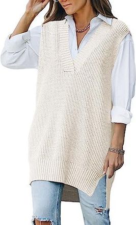 Pink Queen Pull en tricot sans manches avec col en V pour femme, Abricot, XL