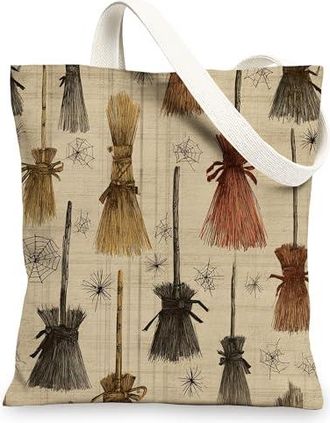 Generic Broomstick Sacs fourre-tout en toile, thème sorcière vintage, sacs dépicerie légers et lavables pour le shopping, les voyages, beige, 13x15 Inch