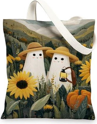 Generic Sacs fourre-tout fantaisistes en toile, motif fantôme mignon, sacs à provisions réutilisables, rétro ferme légère lavable bandoulière Ca, jaune, 13x15