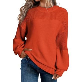 Generic Pull d&eacute;contract&eacute; &agrave; manches longues et col rond en tricot uni pour femme, pull d&eacute;contract&eacute; &agrave; manches longues et col rond, mignon, Orange, XXL
