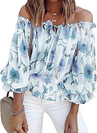Onsoyours Chemisier Femme Epaule Dénudée Grande Taille Blouse Haut Sexy Top Epaule Nu Chemisier Col Bandeau Tee-Shirt Imprimée Fleurie Fluide Chic Tops A Bleu X