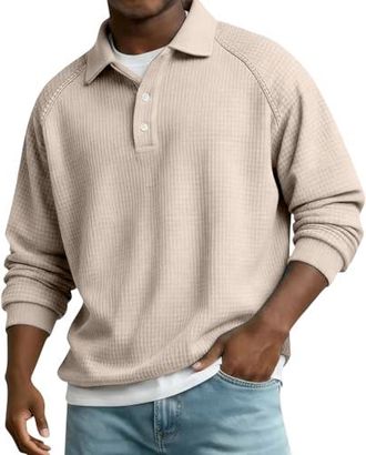 Generic Sweats gaufr&eacute;s &agrave; demi boutons pour homme - Manches longues - Col &agrave; revers - Grande taille - Doux - Respirant - Costume de sport pour int&eacute;rieur et ext&eacute;