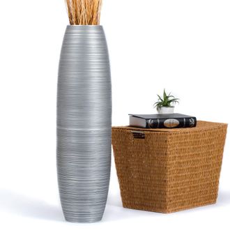 Leewadee Große Deko Bodenvase Für Dekozweige, Hohe Standvase Für Pampasgras, Design Holzvase, 85 cm, Silber